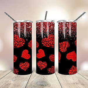 Black Red Heart Skinny Tumbler, Stainless Steel Vacuum Insulated Tumbler, Red Hearts Black Coffee Cup with Lids and Straw Double Wall Water Travel Mug, Valentine's Day Gift (20 oz)