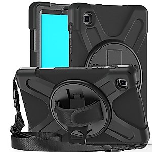 KIQ Shield for Samsung Galaxy Tab A7 Lite Case w/Screen Protector Rotating Hand Strap Kickstand Samsung Galaxy Tab A7 Lite 8.7 Case Kid Proof 2021 SM-T220 T225 T227 - Black