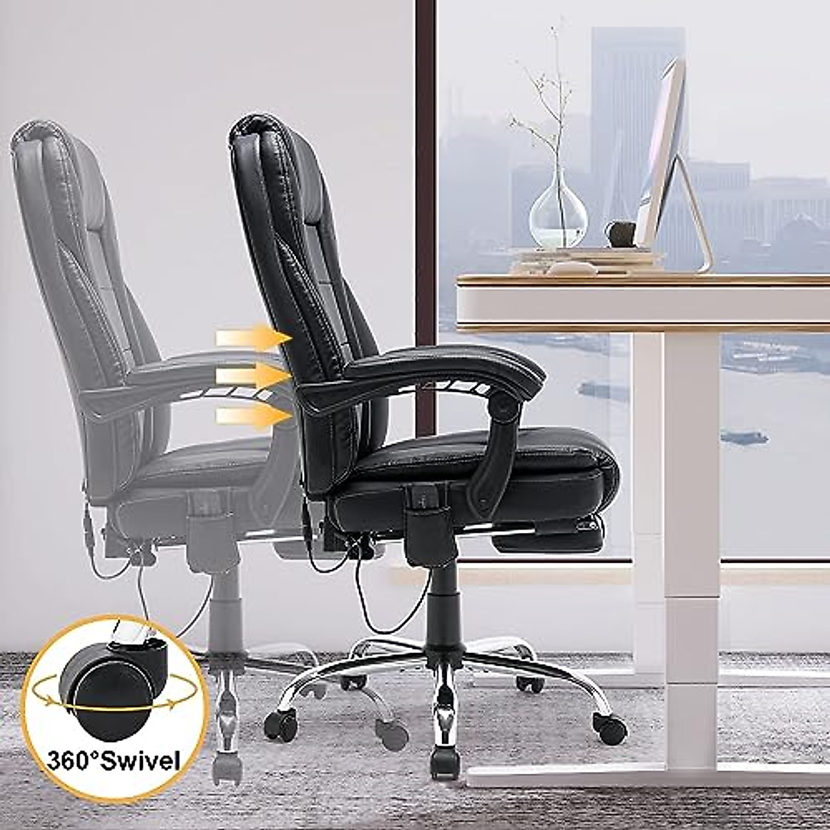 HOMREST Executive Office Chair, Massage Heated Desk Chair with Ergonomic High Back PU Leather Computer Chair with Footrest Lumbar Support for College Dorm (Black)