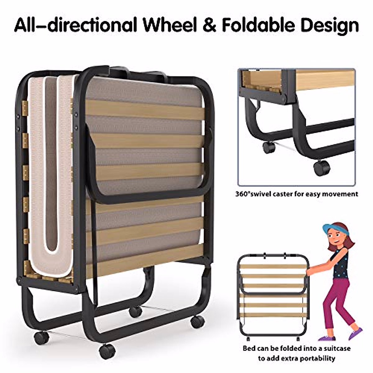 GOFLAME Folding Bed with Mattress Twin Size, Rollaway Bed with Memory Foam Mattress for Adults, Guest Bed Portable for Home and Office, Made in Italy