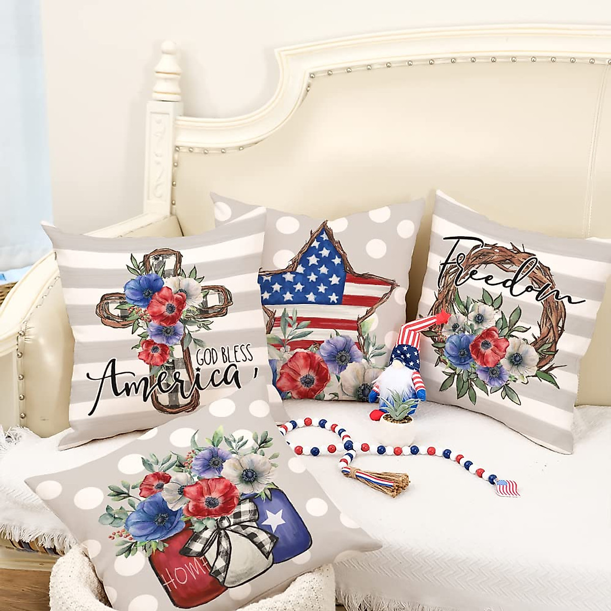 GEEORY 4th of July Decorations Pillow Covers 18x18 Set of 4 Polka Dots Star and Strip Cross Bless America Floral Jar Throw Pillows Patriotic Pillows Independence Day Decor Cushion Case G327-18