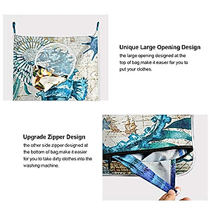 Seahorse Nautical Coastal Shell Hanging Laundry Hamper Bag 1 Pack Retro Sea Animal Starfish Dirty Clothes Storage Bin Washing Baskets Toy Book Clothing Holder for Door Wall Home Bathroom Bedroom