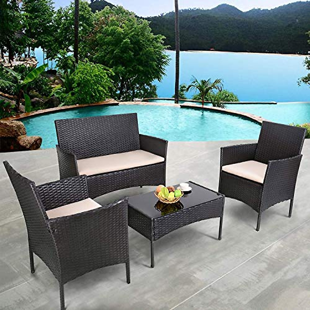 Homall 4 Pieces Patio Rattan Chair Wicker Set,Outdoor Indoor Use Backyard Porch Garden Poolside Balcony Furniture (Black and Beige)