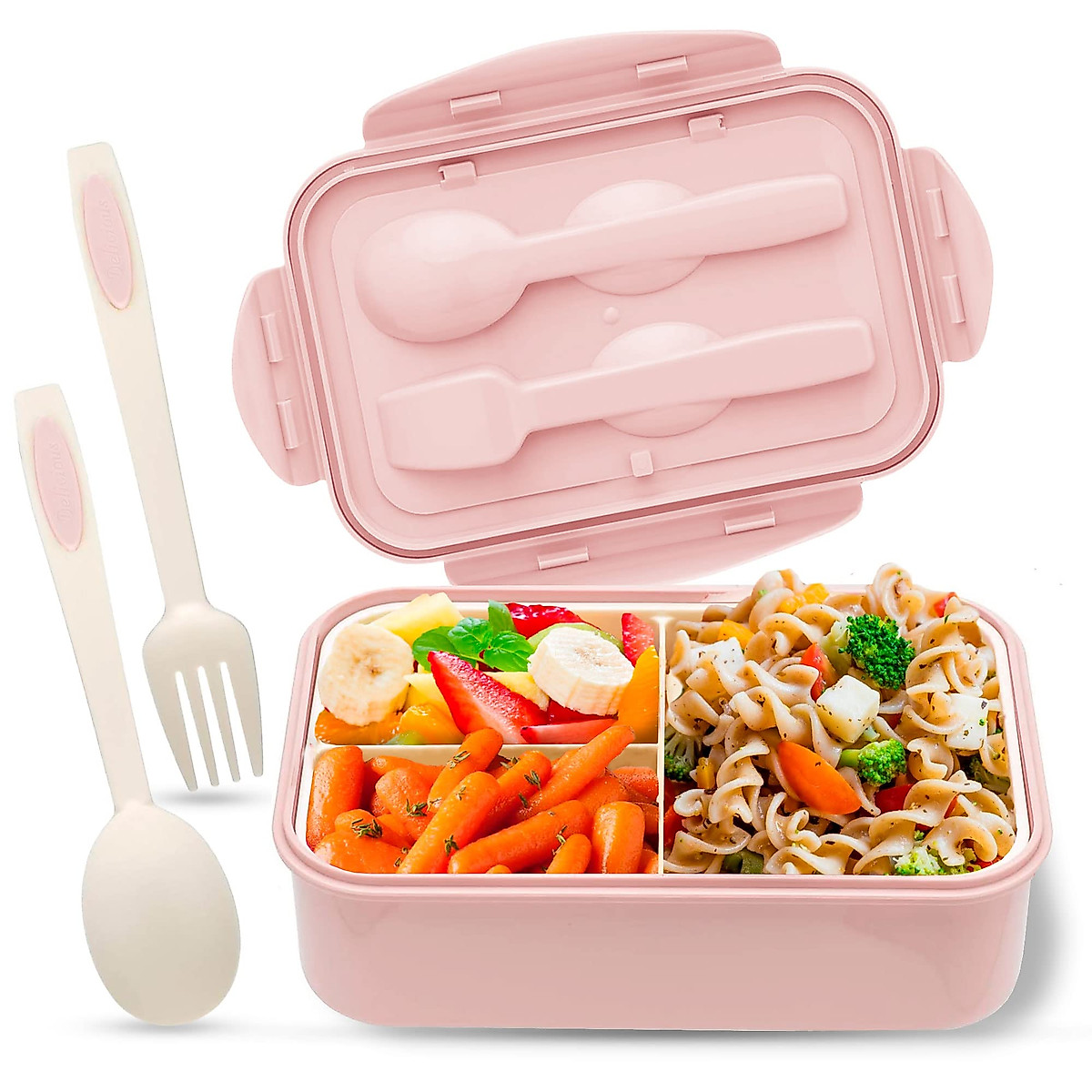 Bento Box Lunch Box Food Container Adult with Fork and Spoon Compartments Travel and Go BPA-free Microwave Refrigerator and Dishwasher safe (Pink)
