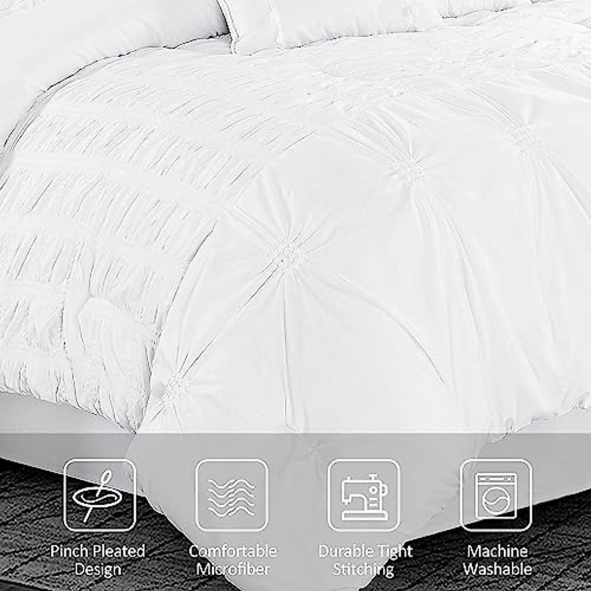 JML California King Comforter Set, 7 Piece Pinch Pleat Bed in a Bag Set with Shams and Decorative Pillows - Luxury Pintuck Microfiber Down Alternative Bedding Comforter Sets,White
