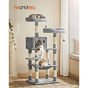 FEANDREA Cat Tree, Cat Tower for Indoor Cats, 56.3-Inch Cat Condo with Scratching Posts, Hammock, Plush Perch, Light Gray UPCT15W