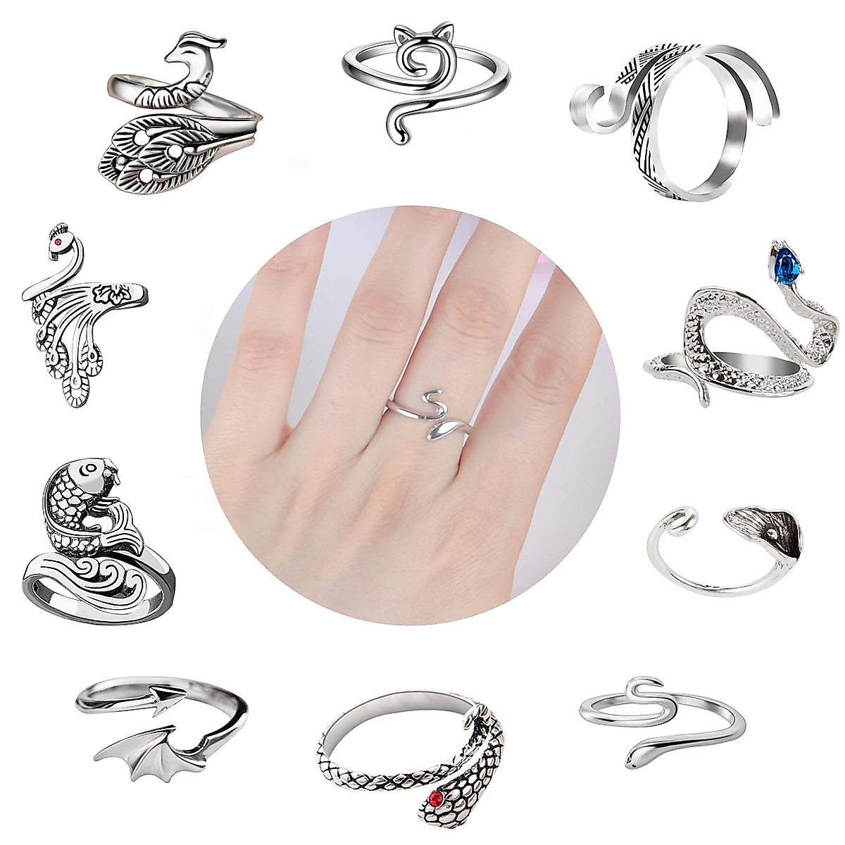 DEPAADER 10 Pcs Crochet Ring - Adjustable Crochet Ring Finger Yarn Guide Knitting Tension Rings for Crocheting Cat Snake Yarn Ring for Women