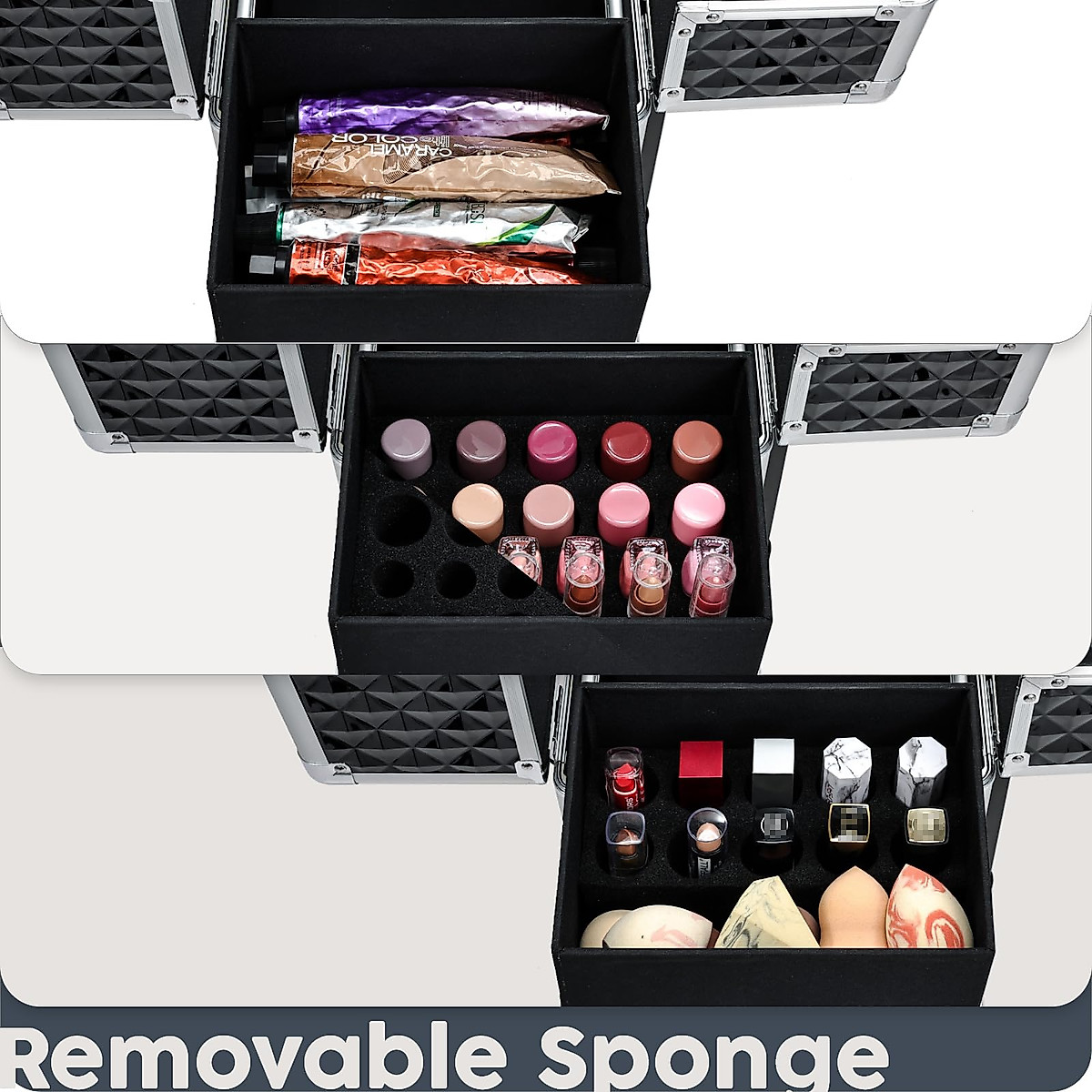 Hododou Rolling Makeup Case Cosmetic Travel Trolley Storage Sliding Drawer 4 Tray Makeup Travel Case with Wheels Salon Barber Case Traveling Cart Trunk for Cosmetologist Nail Tech Hairstylist Black