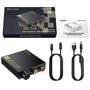 PROZOR DAC Converter 192Khz Digital to Analog Audio Decoder with Volume Control Support 5.1CH DTS Dolly-AC3 Coaxial SPDIF Toslink Optical to RCA Adapter for HDTV Blu-ray DVD PS3 Home Cinema System