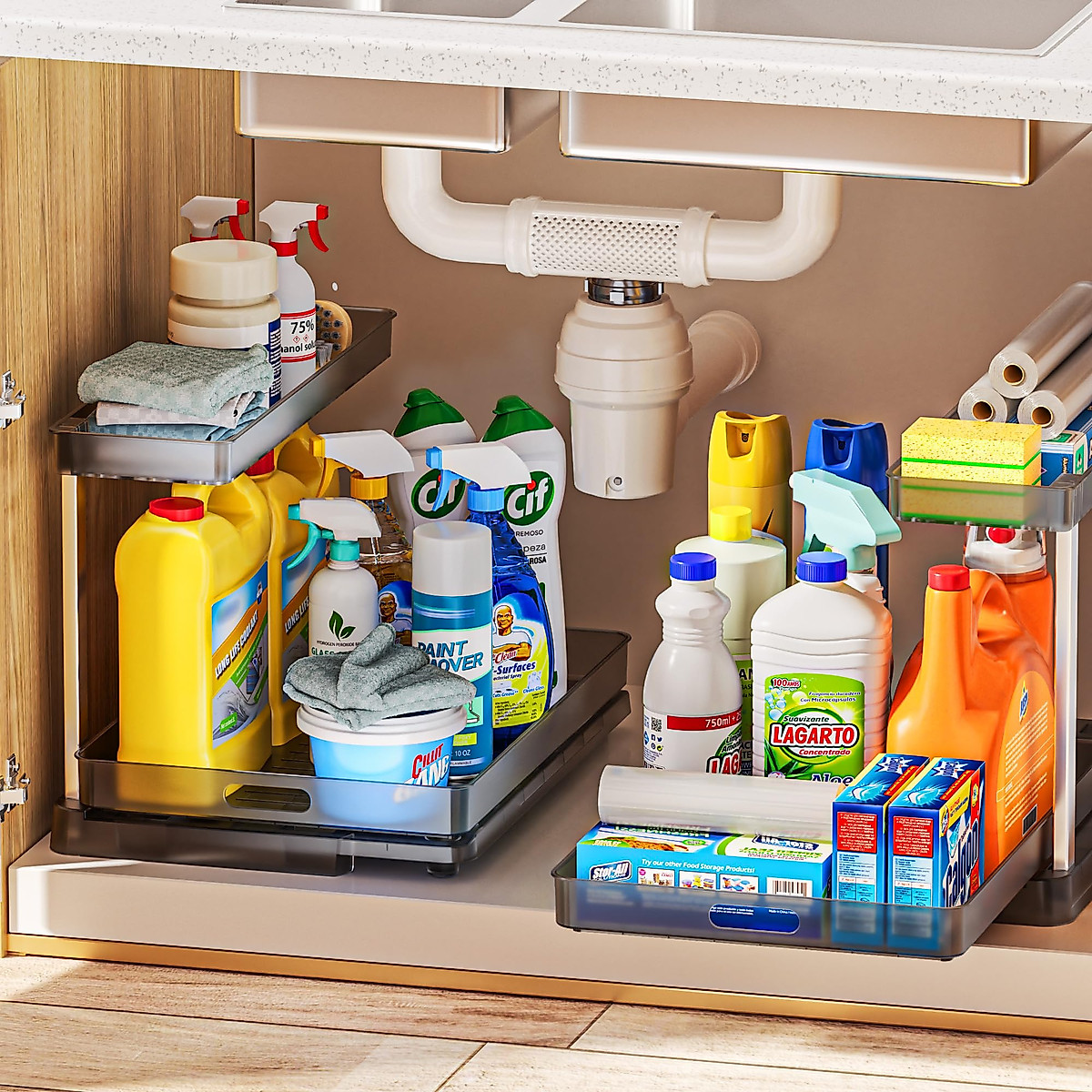 Delamu Under Sink Organizer, 11.38" Width Pull Out Cabinet Organizer, Slide Out Under Sink Storage Shelves, Undersink Organizers Shelf for Kitchen Bathroom Pantry Organization