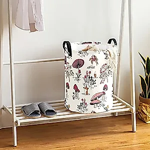ArtToLife Mushroom Laundry Basket Waterproof Oxford cloth with Knitting Handle Collapsible Large Round Storage Dirty Laundry Hamper, Multicolored1