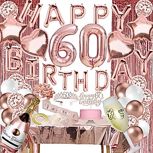 60th Birthday Decorations Women - Rose Gold 60 Birthday Decor for Her, Happy Birthday Banner, Table Cloth, Cake Topper, Bday Sash, Crown, Balloons Set for Sixty Years Old Party Supplies