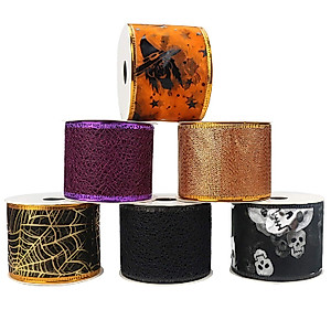 MEEDEE Halloween Ribbon - 6 Rolls, 36 Yards, Wired, Purple, Orange, Black, Skull Pattern