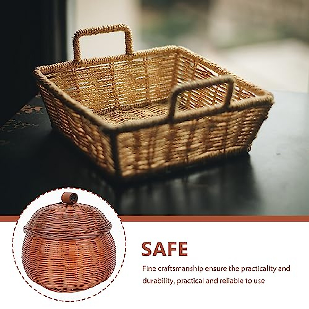 Cabilock Mini Rattan Storage Basket: Pumpkin Shaped Straw Trash Can Small Wicker Basket with Lid Round Woven Seagrass Baskets Woven Wastebasket Candy Bowl for Home Office Chocolate