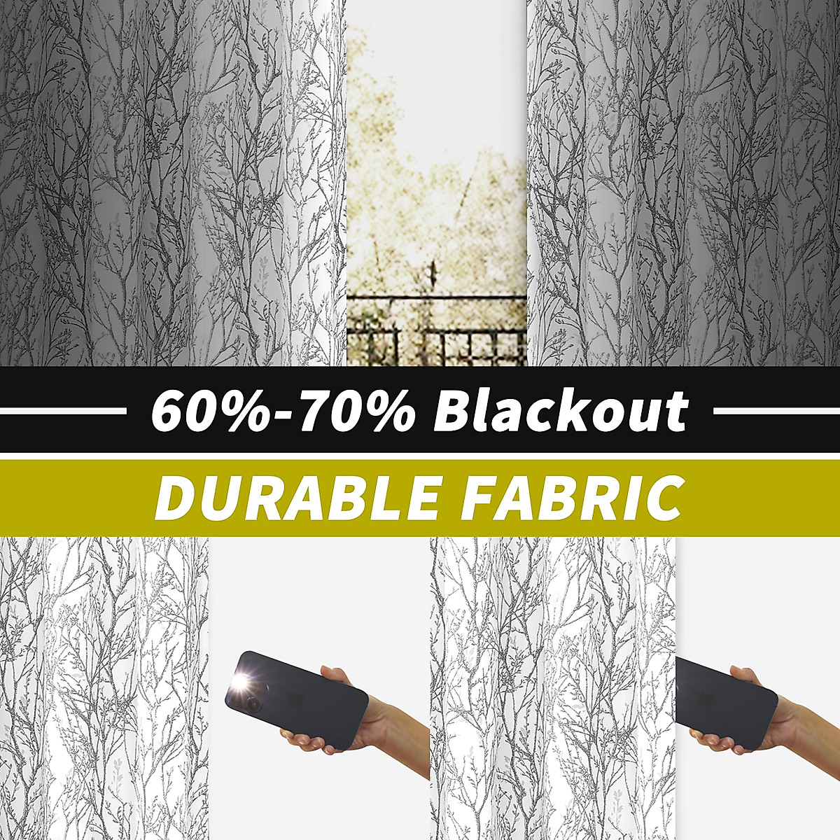 DriftAway Gray White Tree Branch Blackout Curtains for Bedroom Curtains 84 inch Length 2 Panels Set Grey Branch Lined Window Treatment Thermal Grommet Top Curtain for Living Room Winter Warm Curtain