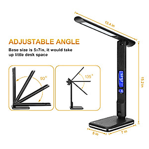 LED Desk Lamp with Wireless Charger, Foldable Touch Console Light, Date,Calendar,Temperature,Clock Display Function, 5-Level Dimmable Lighting, Suitable for Home Office, Reading, Work,study (Black)