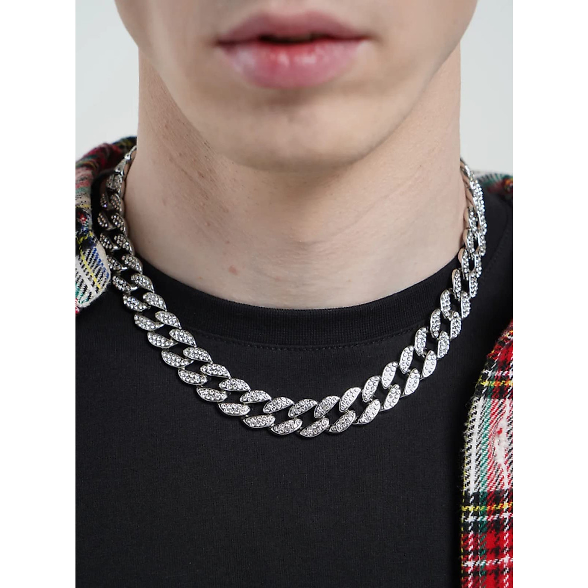 Mens Chains Diamond Cuban Link Chain Necklace Bracelets Set for Men Women Bling Bling Hip Hop Jewelry (Silver 20IN)