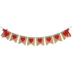 Burlap Heart Banner Garland | Red Glitter Heart | Valentine's Day Decorations| Rustic Valentines Decor | Valentines Burlap Banner | Wedding Anniversary Birthday Party Decorations Supplies