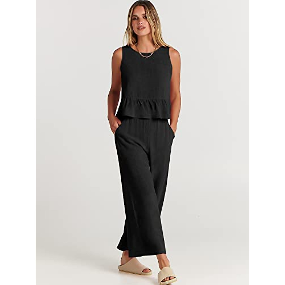 ANRABESS Two Piece Outfits for Women Summer Vacation Sleeveless Linen Crop Tank Top Casual Matching Lounge Sets Comfy Tracksuits Long Pants Jumpsuits 2023 Cute Going Out Clothes 817heise-M