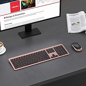 seenda Rechargeable Wireless Keyboard Mouse Combo Full Size Cordless Keyboard & Mouse Sets with Build-in Lithium Battery Ultra Thin Quiet Keyboard Mice (Rose Gold & Black)