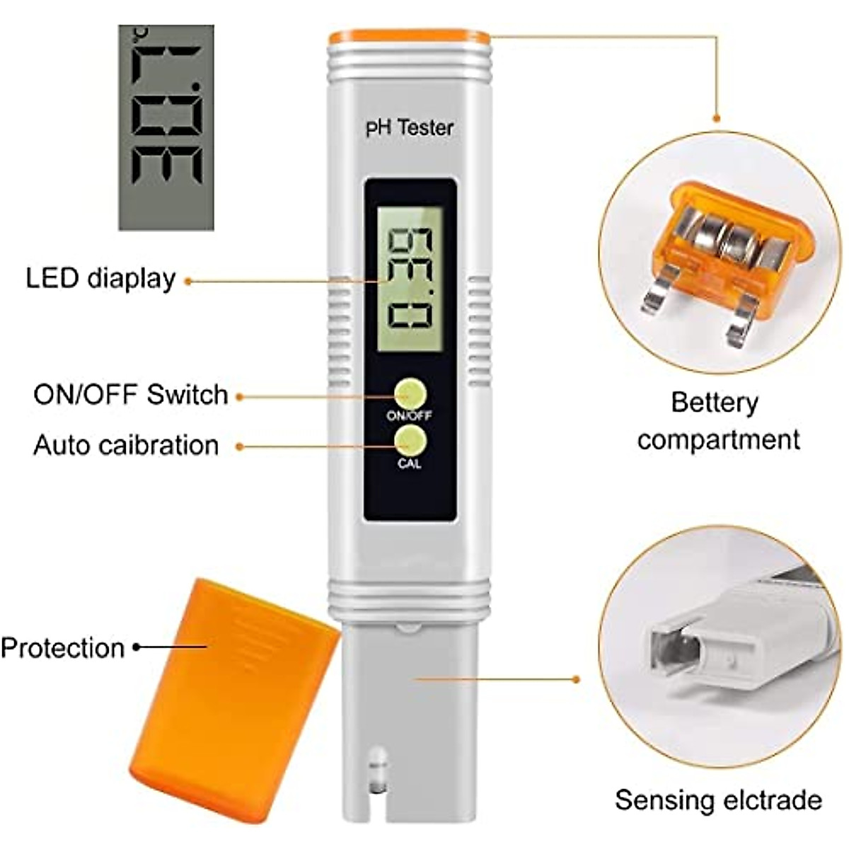 Vivibyan Digital PH Meter, PH Meter 0.01 PH High Accuracy Water Quality Tester with 0-14 PH Measurement Range for Household Drinking, Pool and Aquarium Water PH Tester Design with ATC, Orange