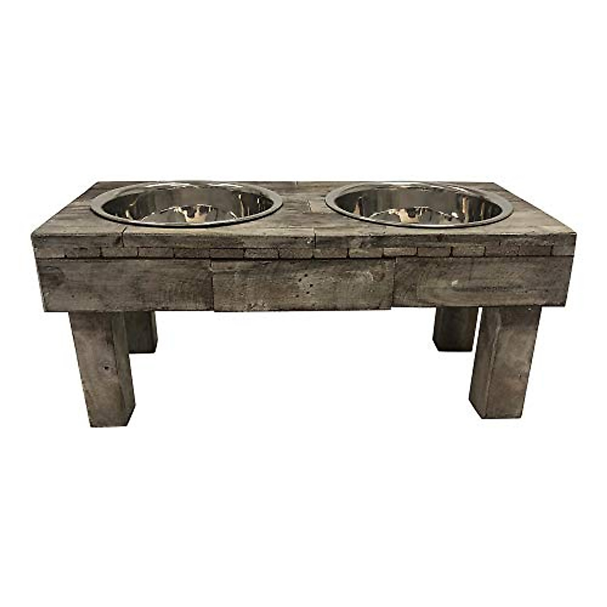 Huntley Equestrian Pet Berjen Table Elevated Double Bowl Pet Feeder, Brown Wash (Large) (02189)