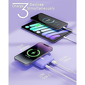podoru Wireless Portable Charger, 10000mAh Magnetic Power Bank with Type-C Cable LED Display 22.5W PD Fast Charging Lighting Mag-Safe Battery Pack for iPhone 15/14/13/12/Mini/Pro/Pro Max-Purple