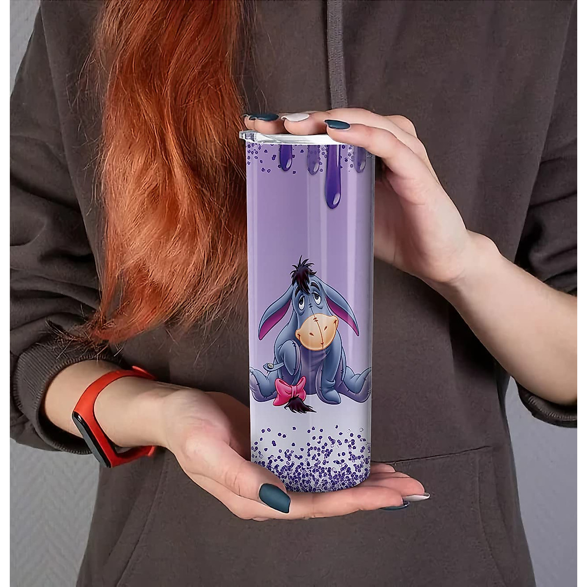 PROCHOICE Eeyore Purple Glitter Bear The Pooh Cartoon Tumbler Stainless Steel Vacuum Insulated Skinny Tumbler 20oz, Thermal Coffee Cup Travel Tea Mug Gift For Friends