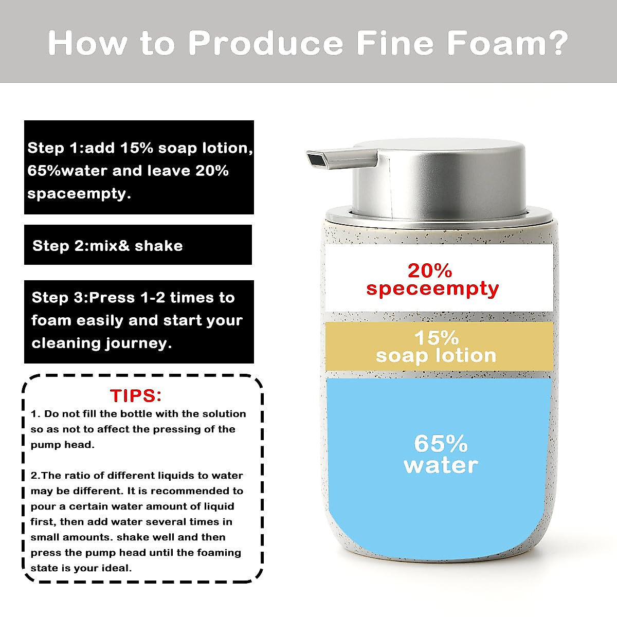 GIRLUFO Gray Foaming Soap Dispenser,Ceramic Foam Dispenser with Silver Plastic Soap Pump for Bathroom&Kitchen,Refillable Soap Dispenser,12oz Hand Soap Dispenser