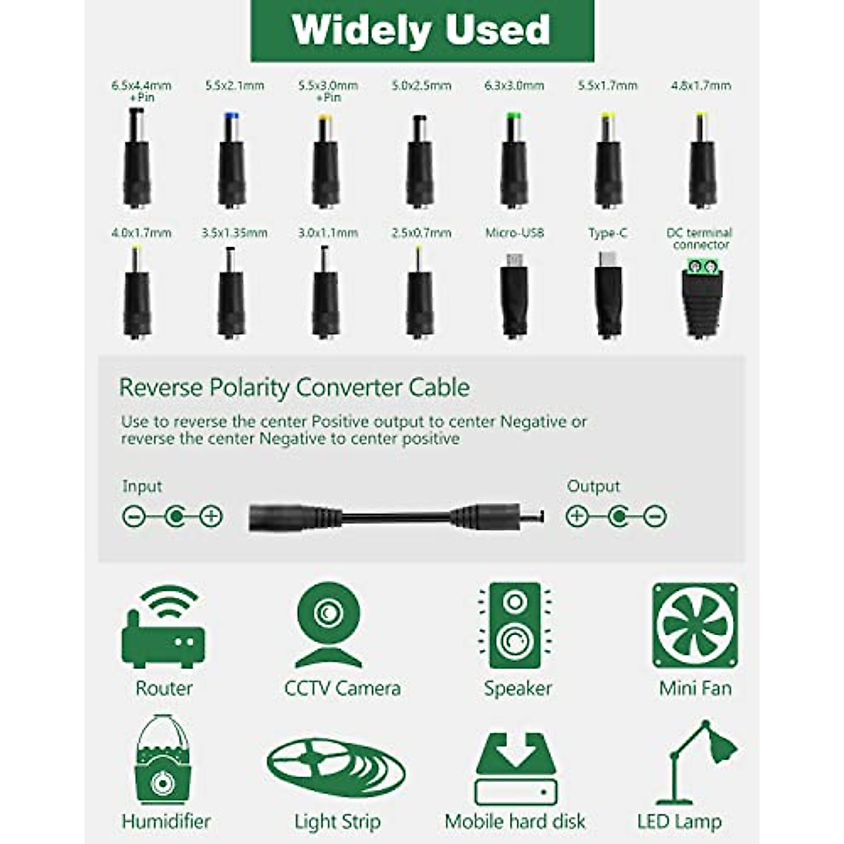 JOVNO Universal Power Supply 3V-24V 3A 72W Adjustable AC/DC Adapter 100~240V AC to DC 5V 9V 12V 15V 19V 20V with LED Display 14 Plugs 1 Reverse Polarity Converter Cable for LED Strips Motors Speaks