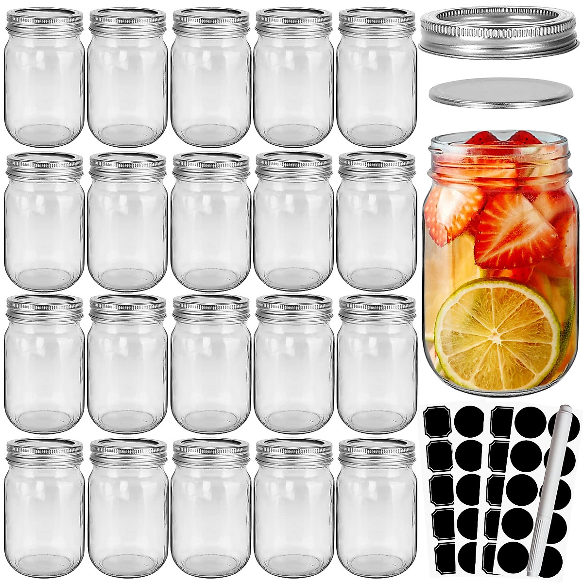 CycleMore 20 Pcs 12oz Mason Jars Glass Jars With Silver Separable Lids, 350ml Round Canning Jars Spice Jars for Honey, Jam, Herb, Wedding Favor, Kitchen Storage Wide Mouth Jars for Crafts, Meal Prep