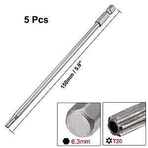 uxcell 5 Pcs T20 Magnetic Torx Screwdriver Bits, 1/4 Inch Hex Shank 5.9-inch Length S2 Security Tamper Proof Screw Driver Kit Tools
