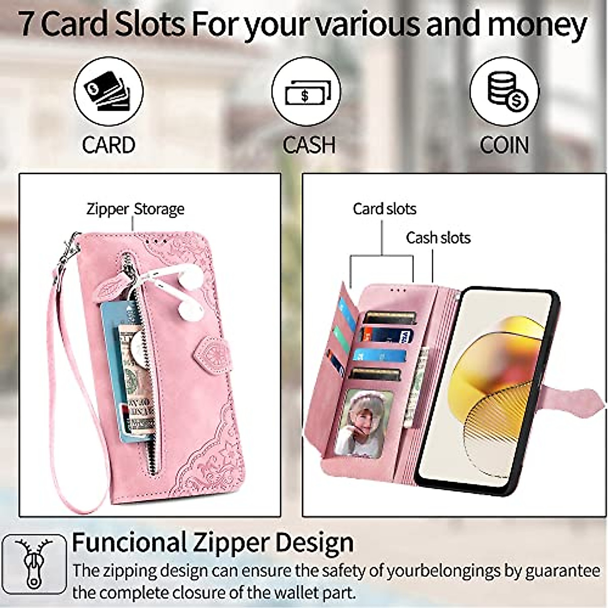 HUANGTAOLI PU Leather Handbag Cover Case for Oppo Reno4 Z 5G, Magnet Closure Zipper Wallet Case for Oppo Reno4 Z 5G Pink