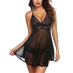 Avidlove Lingerie for Women Lace Babydoll Halter Chemise V Neck Nightgown Sexy Sleepwear Nightdress Black