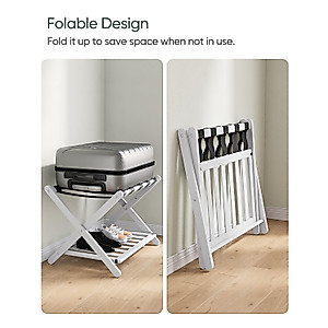 Smart FENDEE Fully Assembled White Bamboo Luggage Rack, 5 Straps Folding Suitcase Stand with Shoe Shelf, Heavy Duty Wood Large Luggage Holders for Guest Room, Bedroom, Hotel