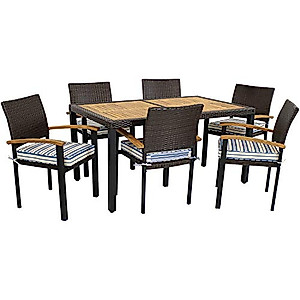 Sunnydaze Carlow Outdoor Dining Set - 7-Piece Rattan and Acacia Outside Patio Furniture - 1 Table and 6 Chairs with Thick Seat Cushions - Blue Stripe