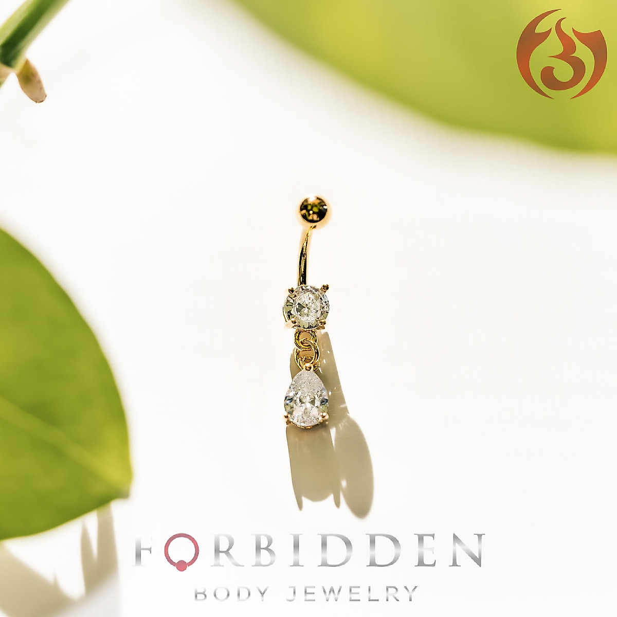 Forbidden Body Jewelry 14k Gold Plated Surgical Steel Clear CZ Crystal Tear Drop Dangle Belly Button Ring