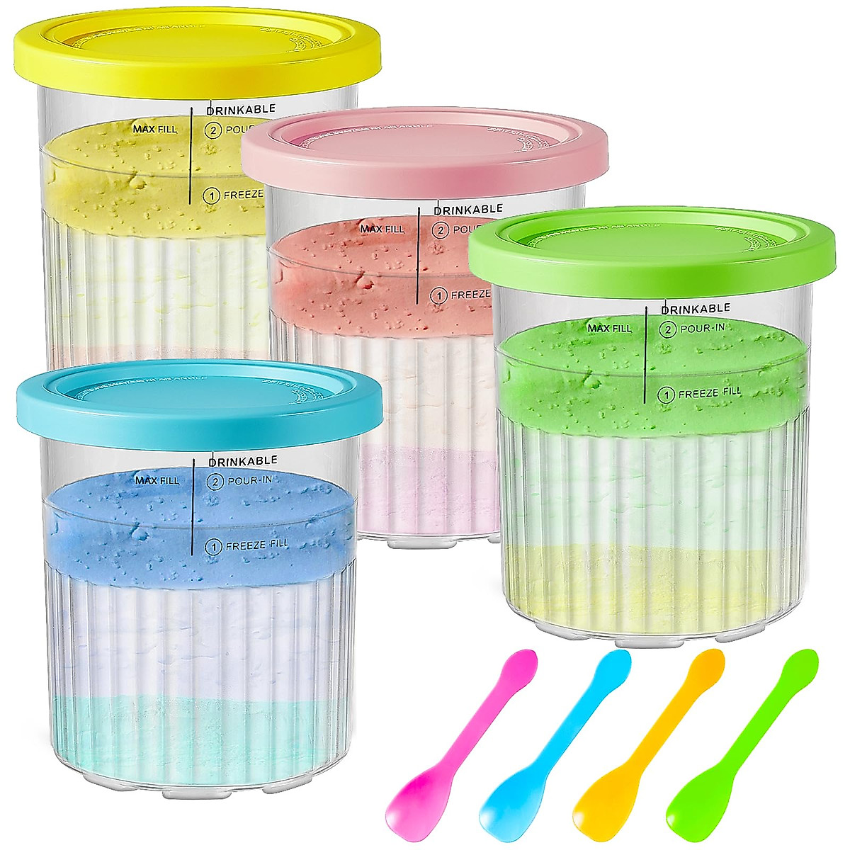 Creami Pints and Lids - 4 pack for Ninja Creami Deluxe 11-in-1, 24oz Ice Cream Containers Cups Compatible with NC500 NC501 Series Ice Cream Maker, Replacement Pints Containers Dishwasher Safe BPA-Free