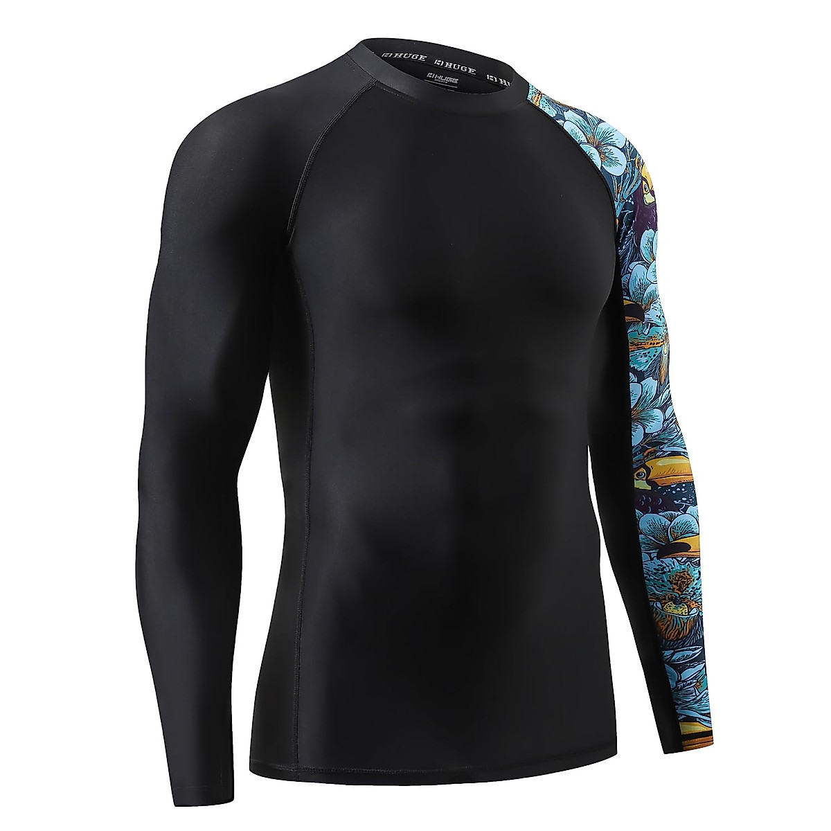 HUGE SPORTS Men's Splice UV Sun Protection UPF 50+ Skins Rash Guard Long Sleeves(HeyToucan, L)