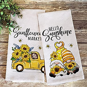 Seliem Summer Hello Sunshine Gnome Kitchen Dish Towel Set of 2, Sunflower Market Floral Flower Truck Hand Towel Bee Drying Baking Cooking Cloth, Spring Seasonal Farmhouse Home Kitchen Decor 18x26 Inch