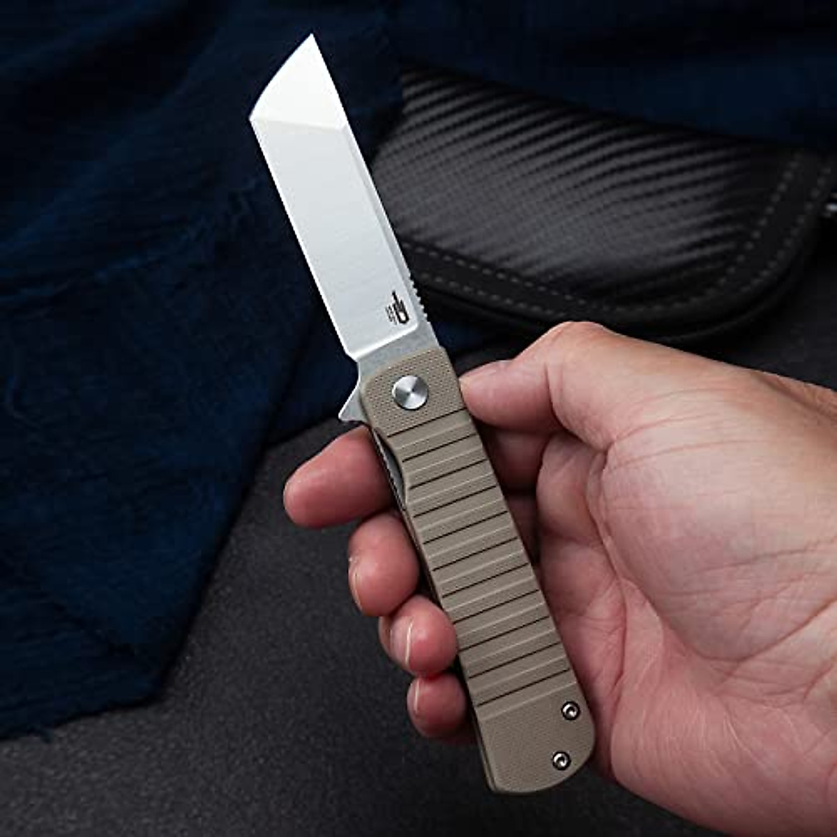 BESTECH KNIVES Tanto Folding Pocket Knife: 2.96" D2 Steel Stain Stonewashed Blade, G10 Handle, Flipper Liner Lock, Deep Carry Clip (BG49A-2 Beige)