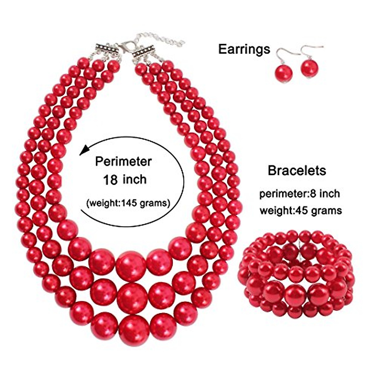 KOSMOS-LI Large Pearl Jewelry Set 3 Layer Simulated Red Pearl Women's Statement 18" Necklace Bracelet and Earrings