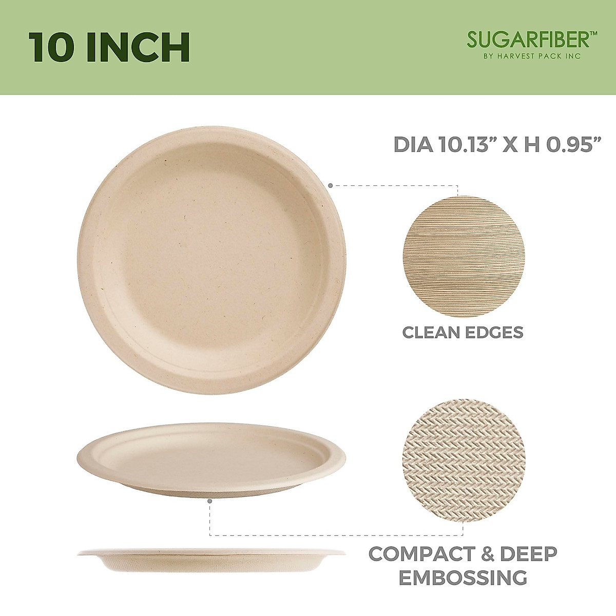 [500 COUNT]Sugarfiber by Harvest Pack 10-inch Round Disposable Compostable Paper Plates, Heavy-Duty Natural Bagasse Biodegradable Plate, Made From Eco-Friendly Sugarcane Plant Fibers