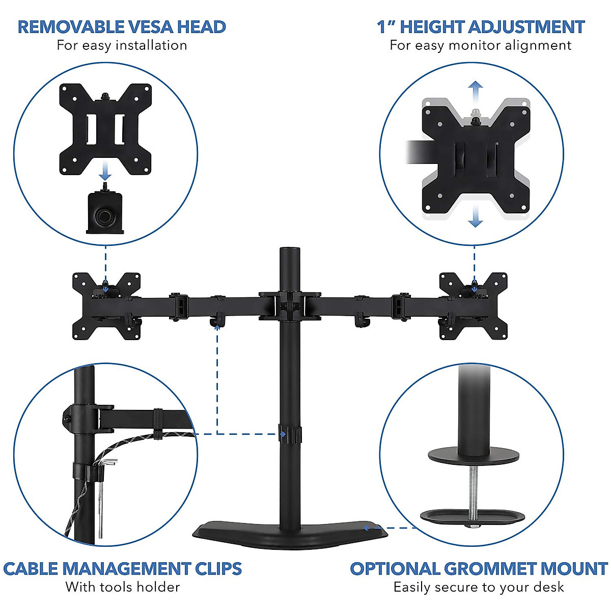 Mount-It! Dual Monitor Stand for Desk - 2 Screen Mount for Two Computer Screens up to 32 Inch and 17 Lbs - Free-Standing Base Swivels, Tilt, Rotates 360 Adjustable Arms - VESA Compatible Sturdy Steel
