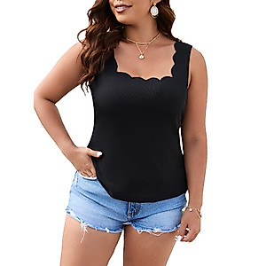 SOLY HUX Women's Plus Size Scalloped Trim Square Neck Sleeveless Summer Tank Tops Solid Black 2XL