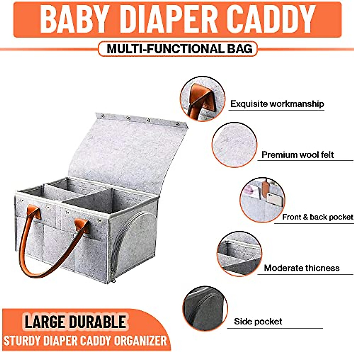 HayesLynn Baby Diaper Caddy Organizer - Baby Registry Search Tote Bag Storage Basket - Bin Car Diaper Baby Bag Portable with Lid and Removable Dividers - Changing Table Shower Caddy Bag