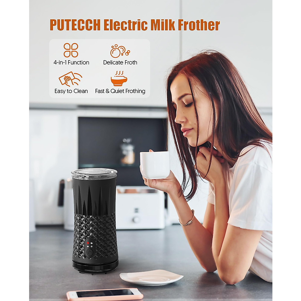 PUTECCH Milk Frother, 4-in-1 Milk Frother and Steamer, Electric Milk Frothers for Coffee, Auto Shut-Off Hot & Cold Foam Maker and Milk Warmer with Temperature Control for Latte, Cappuccino, Macchiato