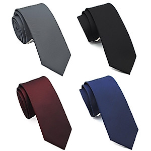 ZENXUS 2.5 inch Skinny Ties for Men, Solid Slim Ties, Basic Colors Ties Assorted, Black Tie, Navy Blue Tie, Burgundy Tie, Gray Tie, 4-Pack