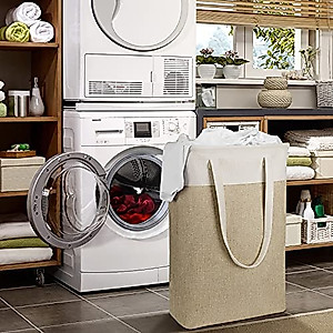 Laundry Hampers Tall Slim Laundry Baskets Thin Foldable Clothes Hamper Narrow Hamper for Laundry Storage Organizer Collapsible Hamper Laundry with White and Brown Imitated Burlap Patchwork,QY-SC24-2