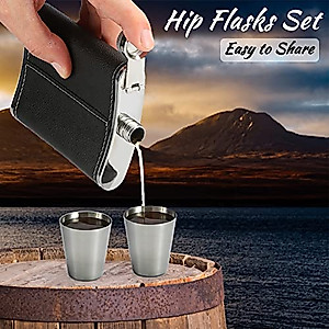 Hip Flask Gift Set for Men, 8 Oz Leak Proof Flasks for Liquor with 2 Cups & Funnel in Gift Box, Food Grade Stainless Steel Black Leather Pocket Flask for Whiskey, Wedding Party Groomsman Gift